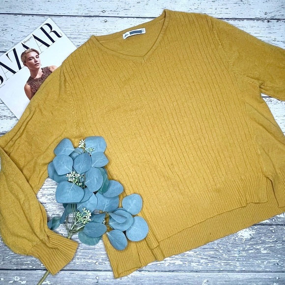 Zara | Sweaters | Zara Mustard Ribbed Vneck Bishop Sleeve Sweater ...